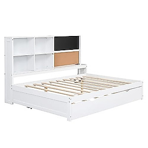 BOVZA Wooden Full Size Daybed with Twin Trundle, USB Ports, Storage Shelves, Blackboard, Cork Board, White