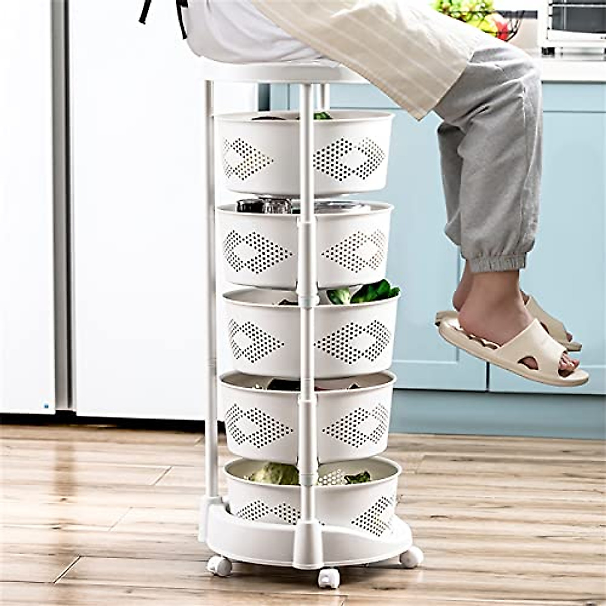 AKaSping 5 Layer Kitchen Storage Rack 360° Rotating Storage Shelf White Carbon Steel Household Floor-Standing Movable Storage Rack for Vegetable Fruit Snack