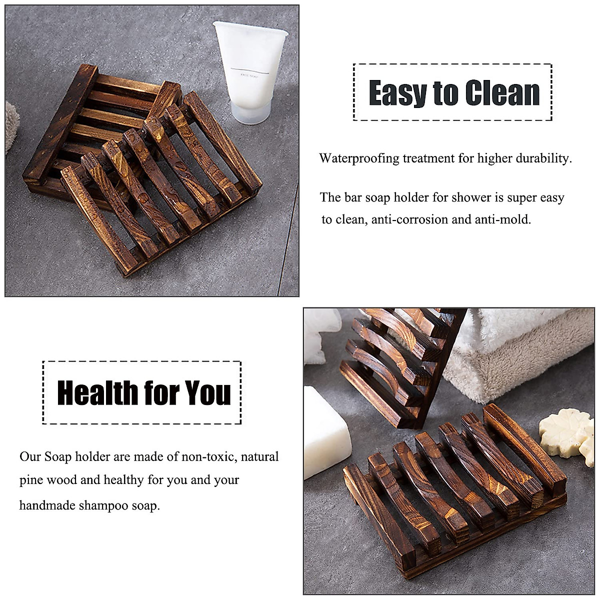 Self Draining Soap Dish Holder/ Tray, 3 Pcs Natural Wooden Soap Saver, Soap Case for Shower, Bathroom, Extend Soap Life, Keep Soap Bars Dry Clean & Easy Cleaning（Charcoal）