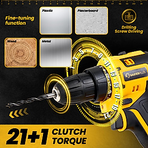 SakerPlus Cordless Drill Set with Drill Bits,22V Brushless Electric Screwdriver Driver Tool Kit,3/8-Inch Keyless Chuck,2 Variable Speeds,430 In-lbs Torque Battery Powered Drills for Home Repair & DIY