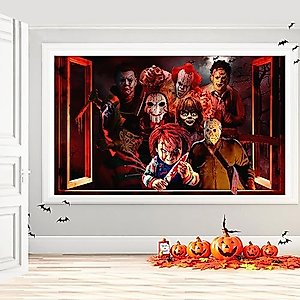 Halloween Horror Backdrop Window Decorations, Fabric Scary Birthday Party Halloween Banner Decals Clings Poster Decor for Haunted House Wall Covers, Horror Movie Characters Background for Photo Booth