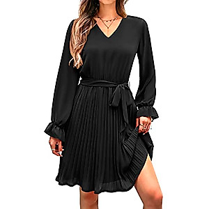 PRETTYGARDEN Women's Casual Fall Dresses Long Puff Sleeve V Neck Pleated Ruffle Flowy Belted Dress (Black,X-Large)