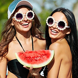 Frienda 3 Packs Retro Daisy Sunglasses for Women Flower Round Disco Sunglasses Novel Floral Glasses for Adult kids (Light Purple)