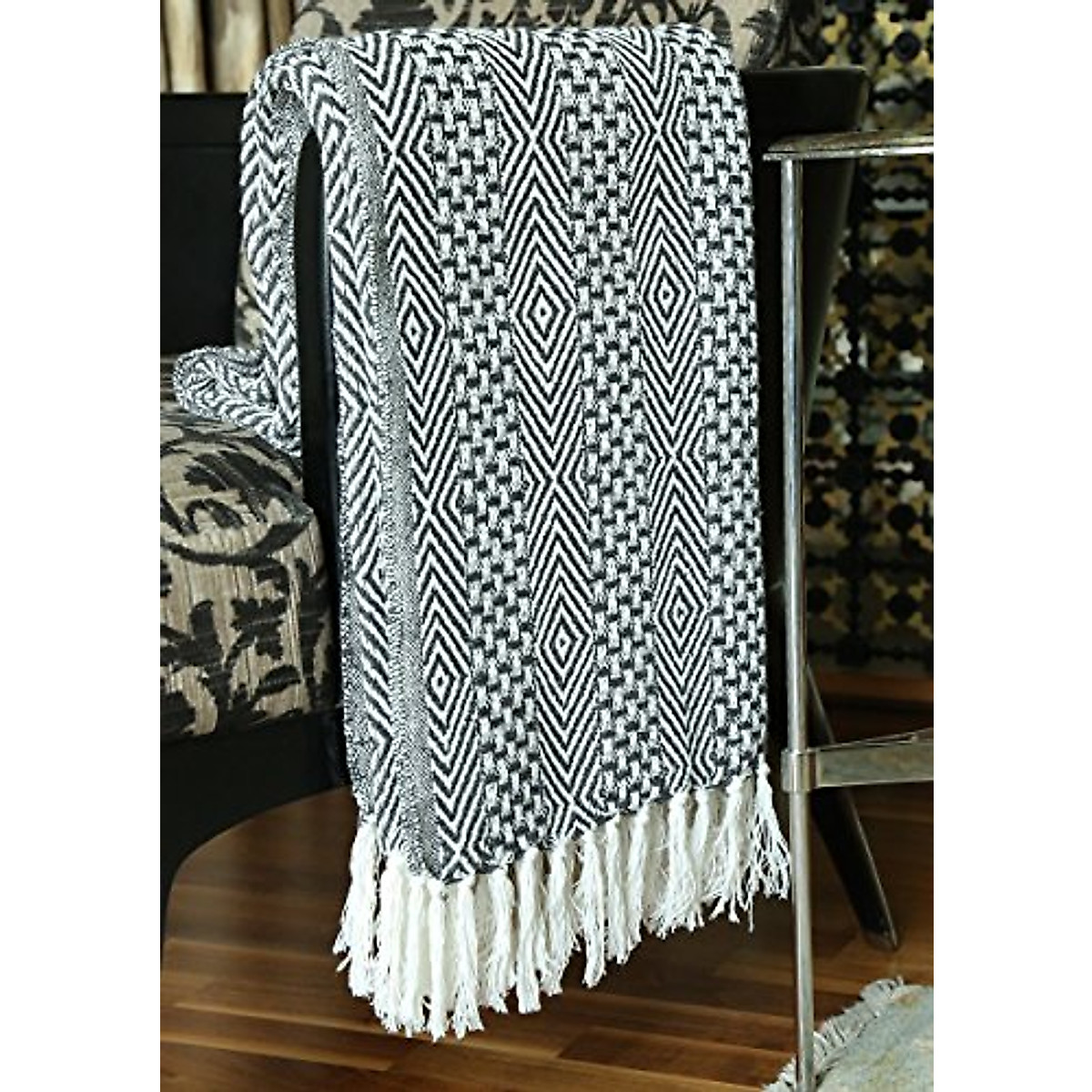 RAJRANG BRINGING RAJASTHAN TO YOU Cotton Farmhouse Throw - 50x60 Inches - Woven Knitted Blanket with Decorative Tassel for Sofa and Couch Charcoal Grey