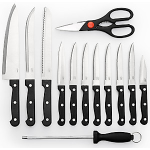 Cheer Collection 13-Piece Stainless Steel Knife Set with Wooden Block | Premium Steak, Paring, Carving, and Butcher Knives with Kitchen Shears | Razor Sharp, Ergonomic Grip