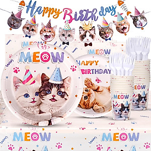 Atonofun Cat Party Plates, Cat Plates and Napkins Party Supplies, Disposable Plates, Cups, Napkins, Cutlery and Tablecloth for Cat Themed Birthday Party Decorations Serves 24