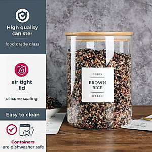 HHMJSM Large Glass Storage Jars With Airtight Bamboo Lid - 100 Fl Oz Thicken Kitchen Glass Food Storage Canister With 42 Pantry Labels - Big Clear Flour And Sugar Containers Farmhouse