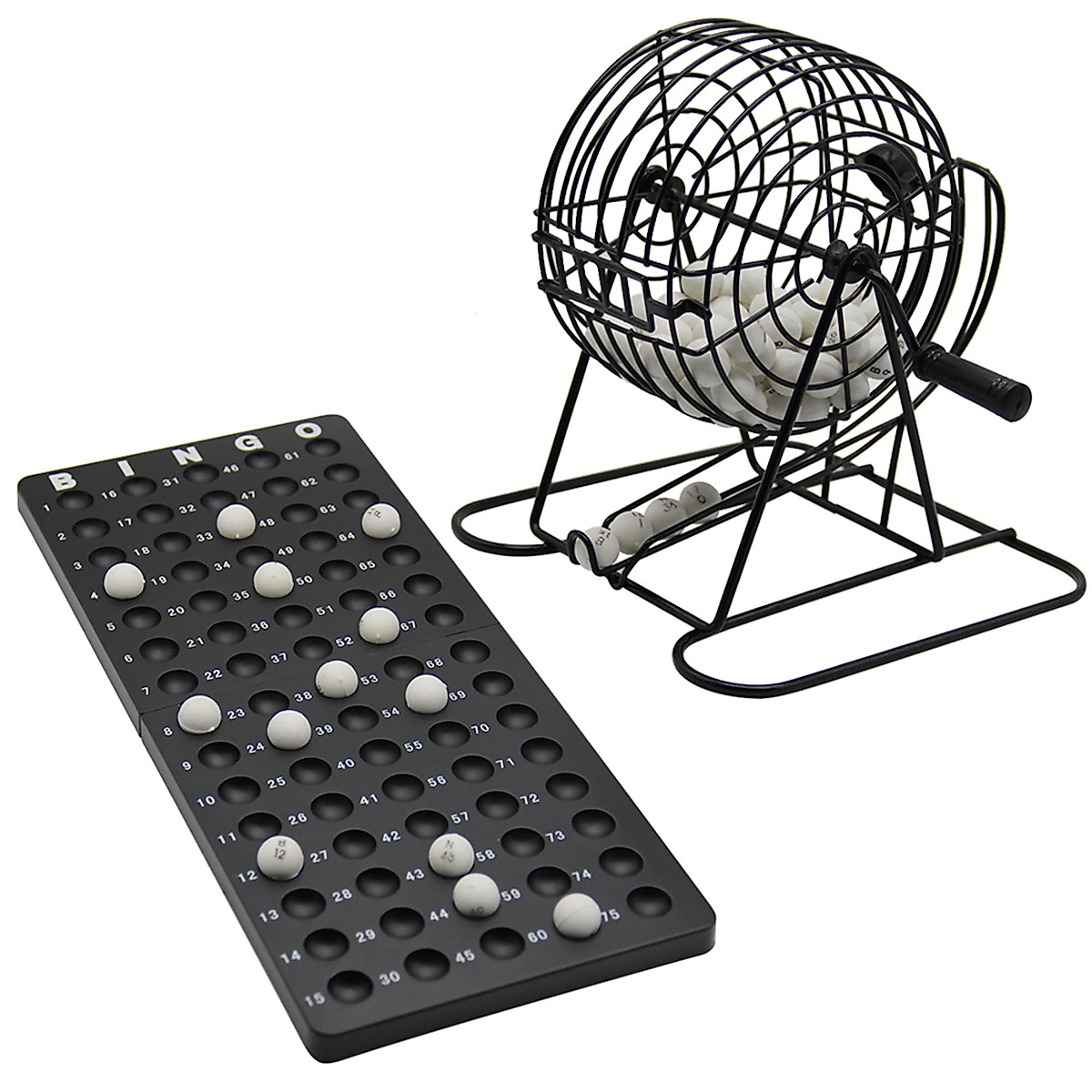 Lulu Home Bingo Game Set , 8 Inch Metal Bingo Cage Include 3/5 Inch White Balls, Bingo Chips, Bingo Board, 18 Bingo Cards, Black