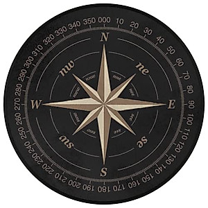 Compass Rose Round Area Rug, Artwork Black Non-Slip Circle Rug for Bedroom Living Room Outdoor Study Playing Floor Mat Carpet, 5.2' Diameter