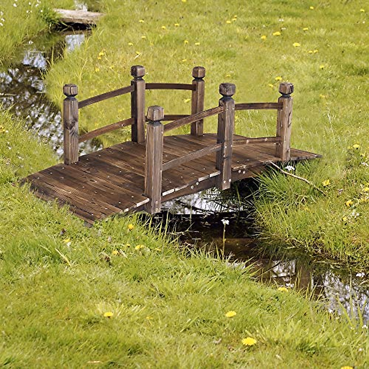 5FT Wooden Garden Bridge Arch Stained Finish Footbridge Decorative Backyard Bridge with Double Safety Railings Outdoor Lawn Pond Bridge Walkway for Garden Yard Patio Courtyard Farm Stream Creek