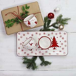 Euro Ceramica Winterfest 4 Piece Holiday Entertainment Serving Set | High Fire Earthenware Ceramic | Rectangular Platter & 3 Dipping Bowls | Hand-Stamped Holiday Design, Large, Multicolor
