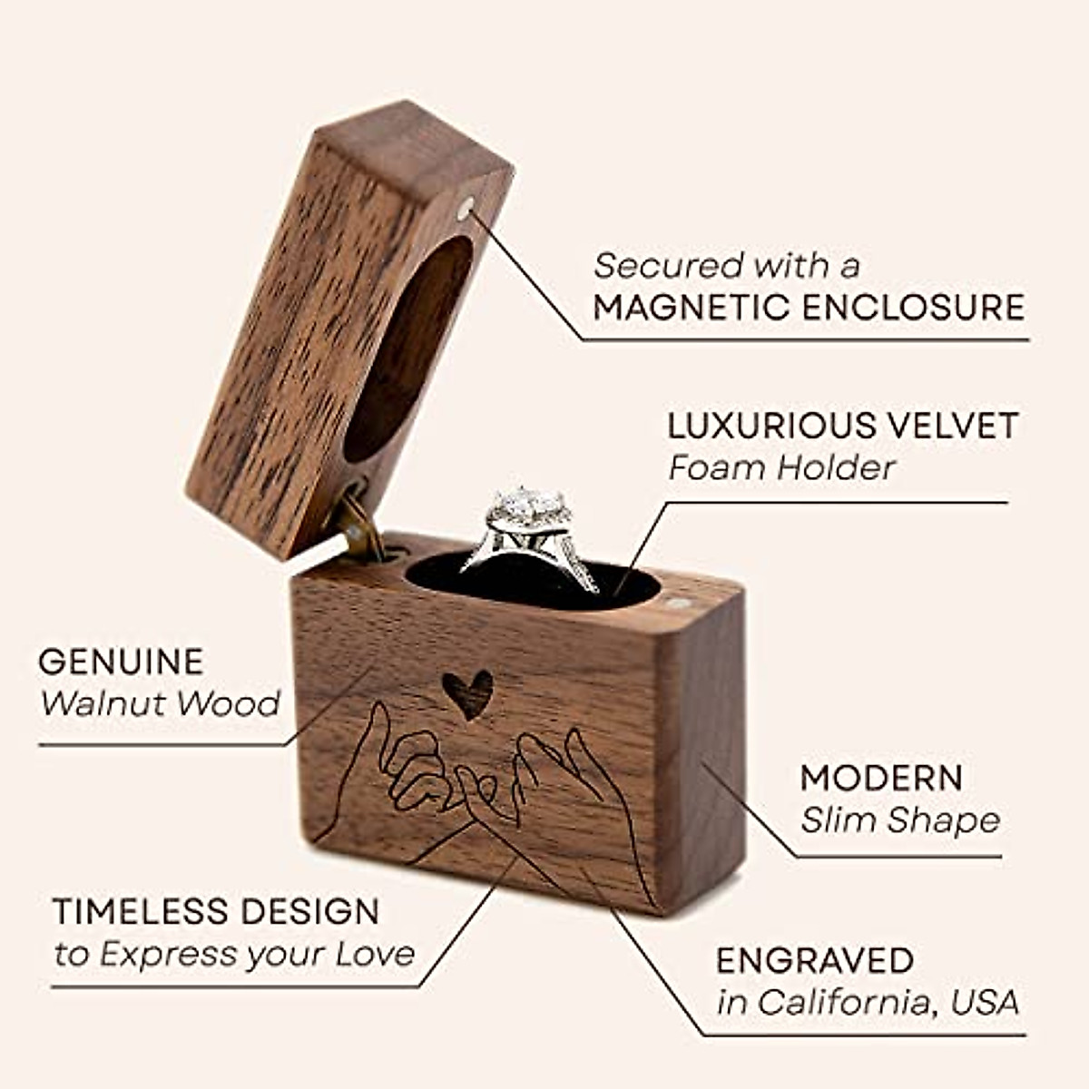 MUUJEE Pinky Promise Slim Engagement Ring Box - Engraved Wooden Ring Box for Wedding Ceremony Engagement Proposal Ring Bearer Box - Anniversary Birthday Gift Ideas