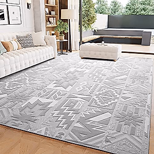 Area Rug 5x7 Feet-Southwestern Moroccan Aztec Tribal Rug Carpet-Boho Rugs for Living Room Bedroom-Machine Washable Non Slip 3D Woven-Neutral Grey