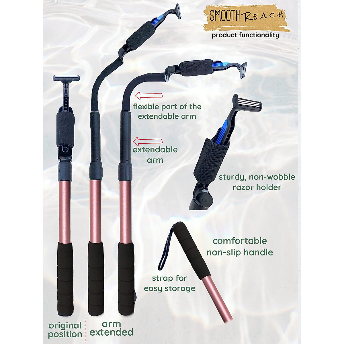 Universal Leg Shaving Extension Handle with Adjustable Length – Leg Hair Removal – Body Shaver Groomer – Pregnancy Razor Extension – Limited Mobility Tool – Use with Various Disposable Razors (Pink)