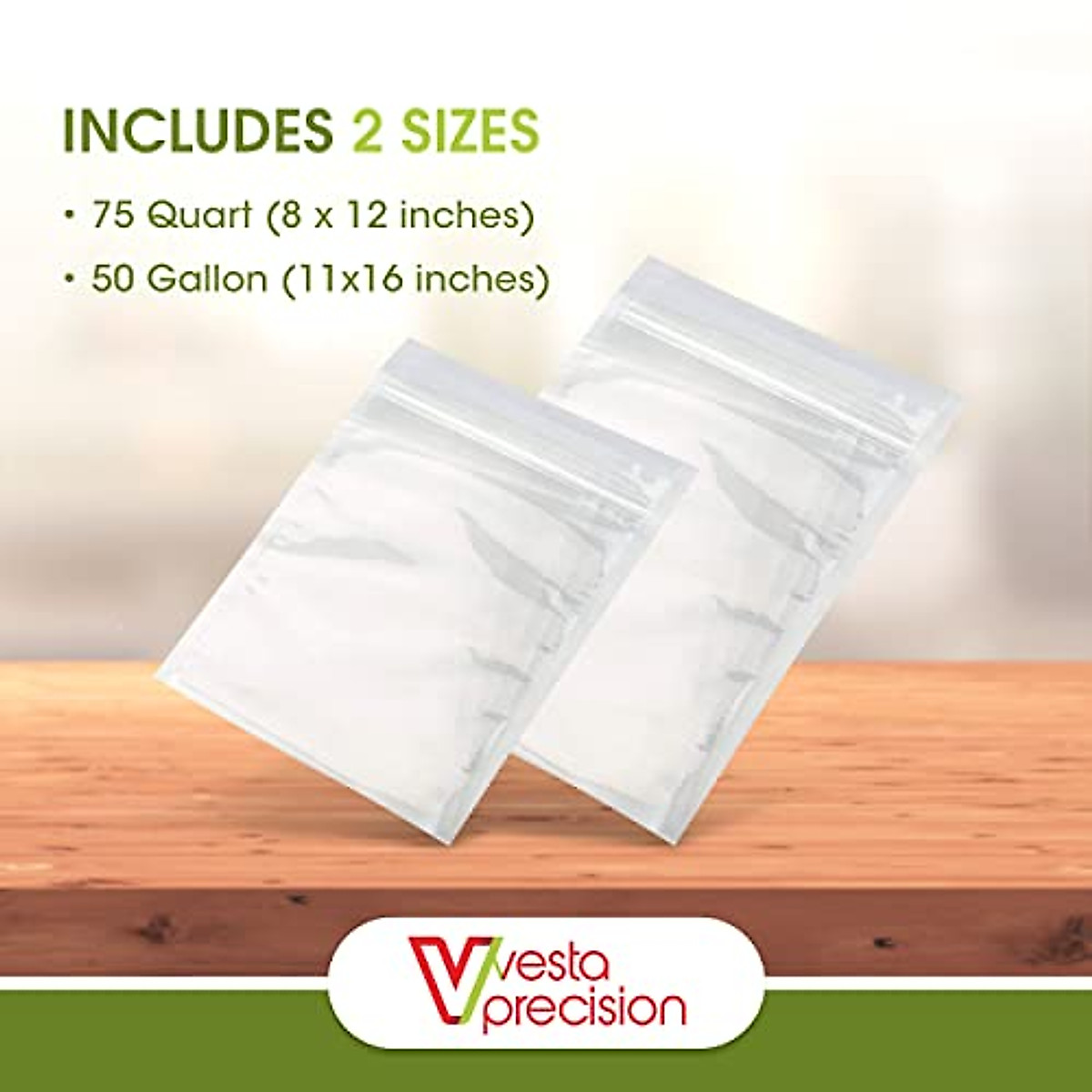 Vesta Precision Zipper Vacuum Seal Bags Pack | Clear and Embossed | 75 Quart (8x12 inch) and 50 Gallon (11x16 inch) Vacuum Bags | Great for Food Storage and Sous Vide
