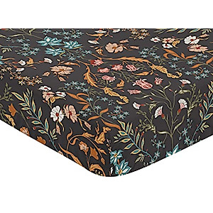 Sweet Jojo Designs Boho Wildflower Vintage Floral Girl Fitted Crib Sheet Baby Toddler Bed Nursery Black Rust Orange Teal Daisy Leaves Botanical Paisley Leaf Flower Bohemian Farmhouse Turquoise Blue