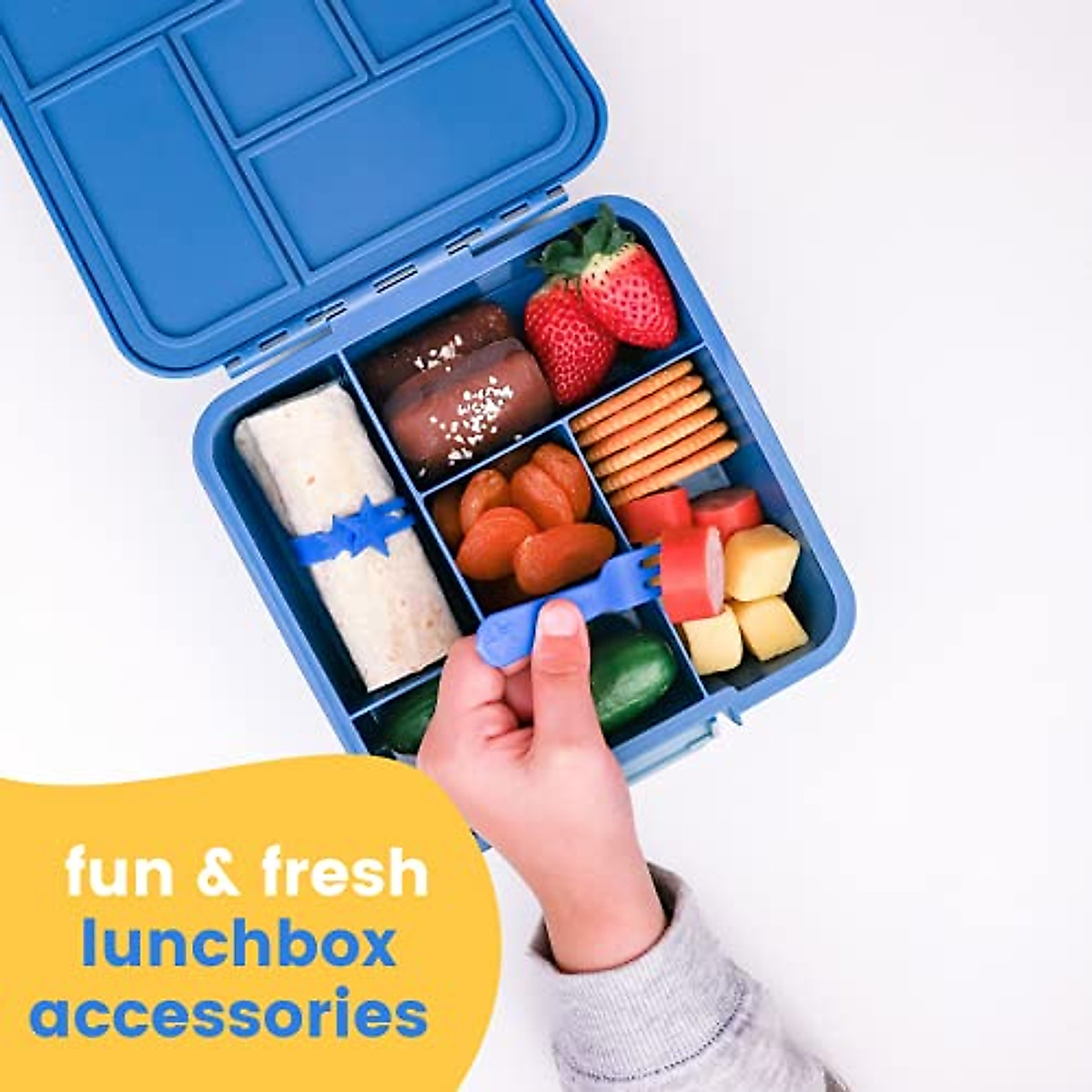 Kids Bento Lunch Box Blue Accessories Kit, BPA FREE with Lifetime Replacement Guarantee, 18 Piece Set includes Food Picks, Wrap Bands, Forks and Spoons, reusable Silicone Cups