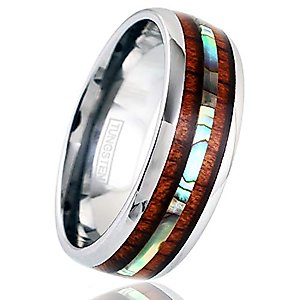 King's Cross Personalized Engraved Elegant 6mm/8mm Silver Tungsten Wedding Band w/Beautiful Koa Wood & Abalone Inlays (tungsten (8mm), 12.5)