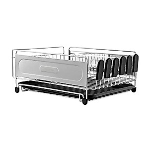 happimess DSH1000A Compact 17.25" Fingerprint-Proof Stainless Steel Dish Drying Rack, Dish Rack with Wine Glass Holder, Utensil Holder, Stainless Steel/Black, Silver/Black