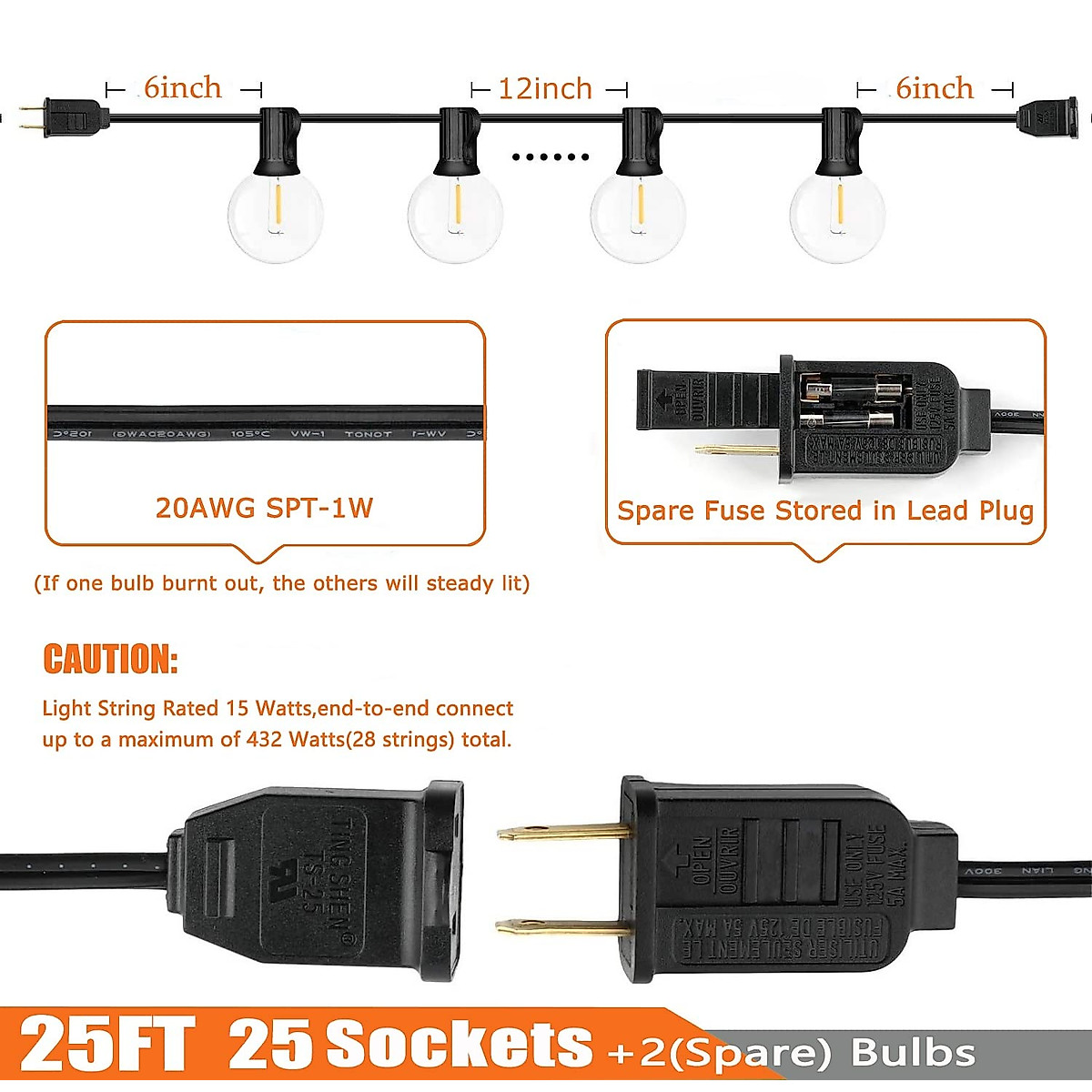 Abeja 25 Feet Outdoor String Lights G40 Led Globe Patio Lights with 25 Shatterproof Bulbs (2 Spare), LED String Lights Commercial Grade Waterproof Backyard Lights for Outside Porch Bistro, Black Wire