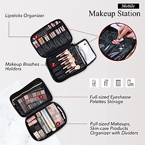 Stagiant Double Layer Makeup Bag, Large Cosmetic Bag, Travel Makeup Case with Dividers Makeup Organizer Bag Cosmetic Train Case for Cosmetics Toiletries, Black