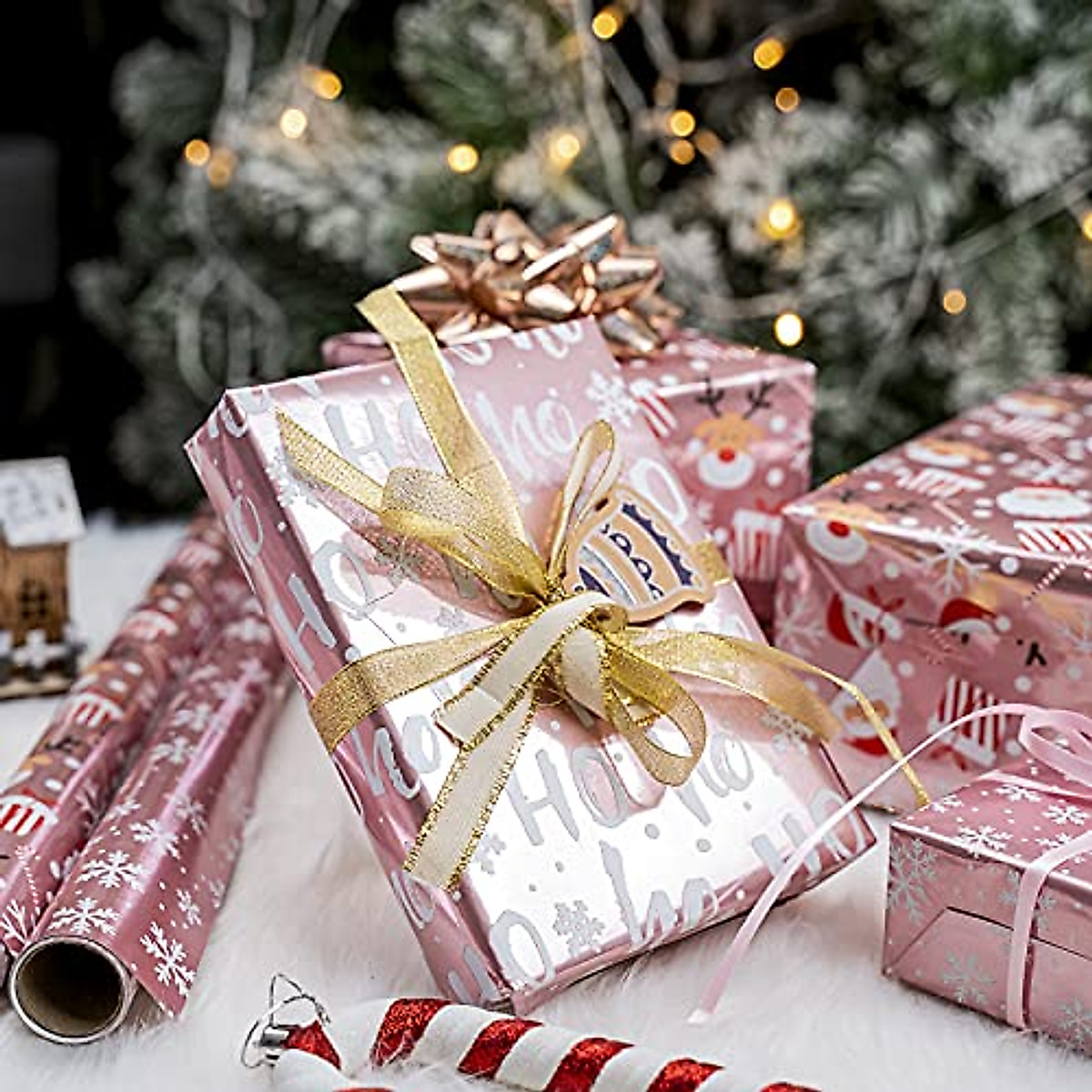 LeZakaa Christmas Wrapping Paper Mini Roll, Pink Metallic Foil Shine Paper - Snowflakes/Santa Claus/HO Print for Gift Wrap, Arts Crafts - 17 x 120 inches - 3 Rolls (42.5 sq.ft.ttl.)