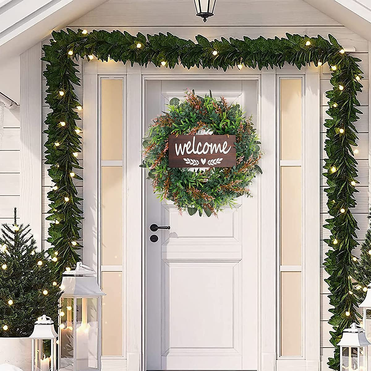 18in Artificial Green Wreath for Front Door with Welcome Sign Red Flower Fall Christmas Wreath Gypsophila Green Leaves Wreath for Window Home Porch Farmhouse Patio Garden Party Decor
