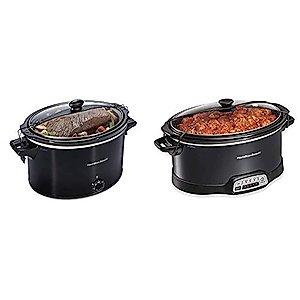 Hamilton Beach Slow Cooker, Extra Large 10 Quart, Black (33195) & Portable 7-Quart Programmable Slow Cooker With Lid Latch Strap for Easy Transport, Dishwasher-Safe Crock, Black (33474)