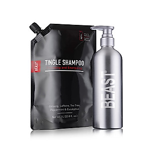 Beast Tingle Shampoo 1L (33.8 fl oz) Pouch + Reusable Durable Aluminum 16oz Beast Bottle
