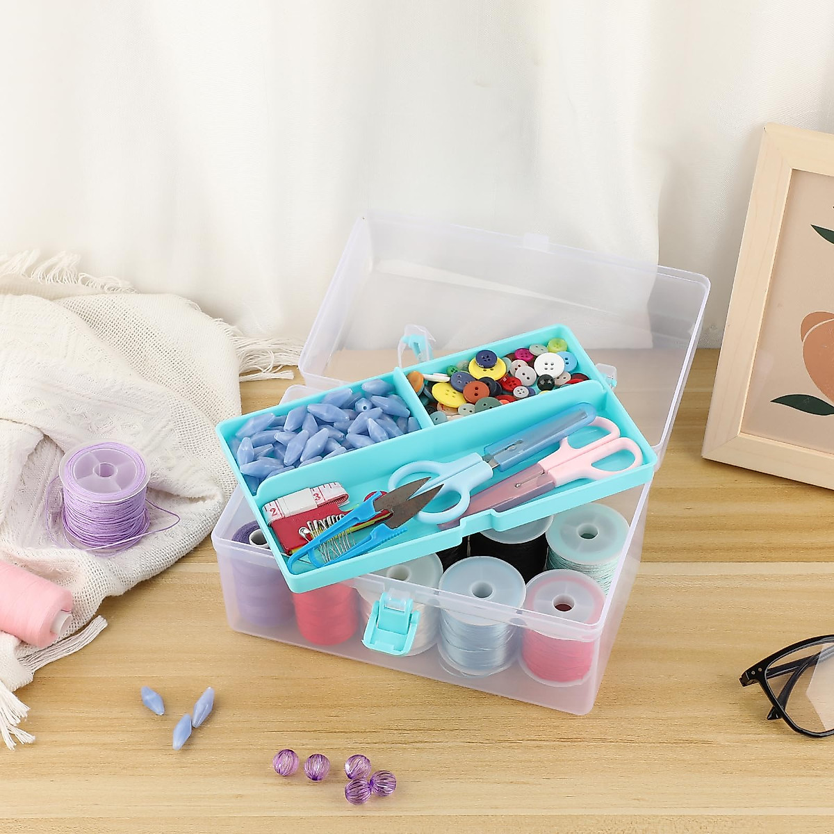 BTSKY Multipurpose Plastic Craft Storage Containers with Removable Tray, Clear Plastic Storage Box with Lid & Handle, Easy Carry & Stack Small Storage Container, 8.5x5x4.9 Inch, Rectangle-Blue