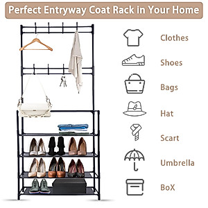 Simland Entryway Bench Coat Rack with Shoe Storage, Hall Tree with 4 Tier Shoes Shelf Storage Organizer, 23.6 inch