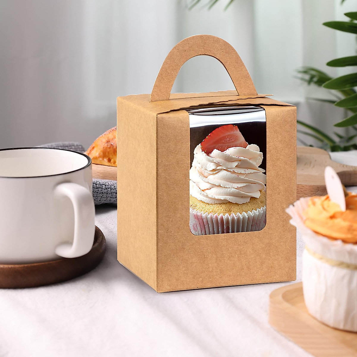 VGOODALL Kraft Cupcake Boxes,50pcs Single Cupcake Carrier with Window Insert and Handle Kraft Pastry Containers Muffins Cupcake Carriers for Bakery Wrapping Party Favor Packing