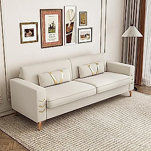 Tomkate 85.63" Modern Sofas for Living Room, Velvet Chesterfield Sofa with Two Lumbar Pillows and Gold Metal Legs, Luxury 3 Seater Sofa Couches for Living Room, Bedroom (Beige)