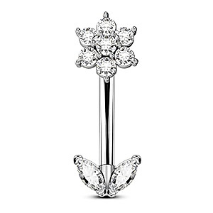 COCHARM Flower 14G Belly Button Ring Silver Small Belly Rings for Women Short Bar Curved Barbell Hypoallergenic Clear CZ Belly Navel Piercing Jewelry