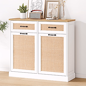 GAOMON Trash Storage Cabinet for 20 Gallons, Double Tilt Out Trash Cabinet Freestanding for Kitchen Dining Living Room, Hidden Garbage Bin Cabinet Dual Doors - Rattan