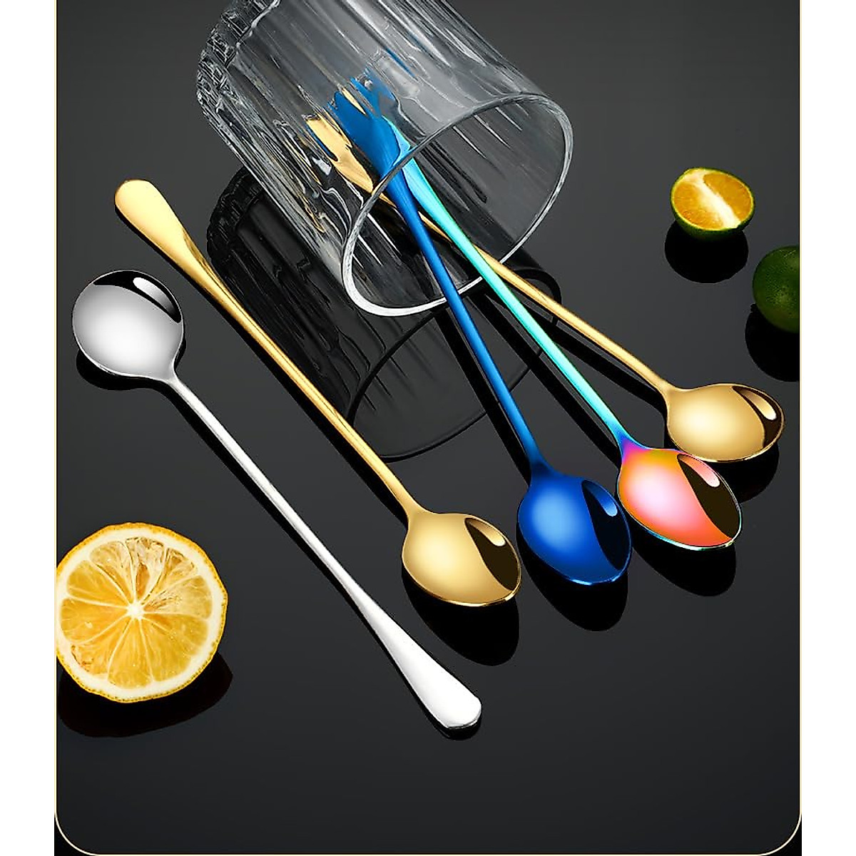 HIDEERPPY Silverware Set, 1/4/6/8/10/12 Pieces Stainless Steel Long Handle Dessert Spoon Creative Stirring Ice Cream Spoon Coffee Spoon Ice Round Spoon, Home Flatware Set(Gold,1 Piece)