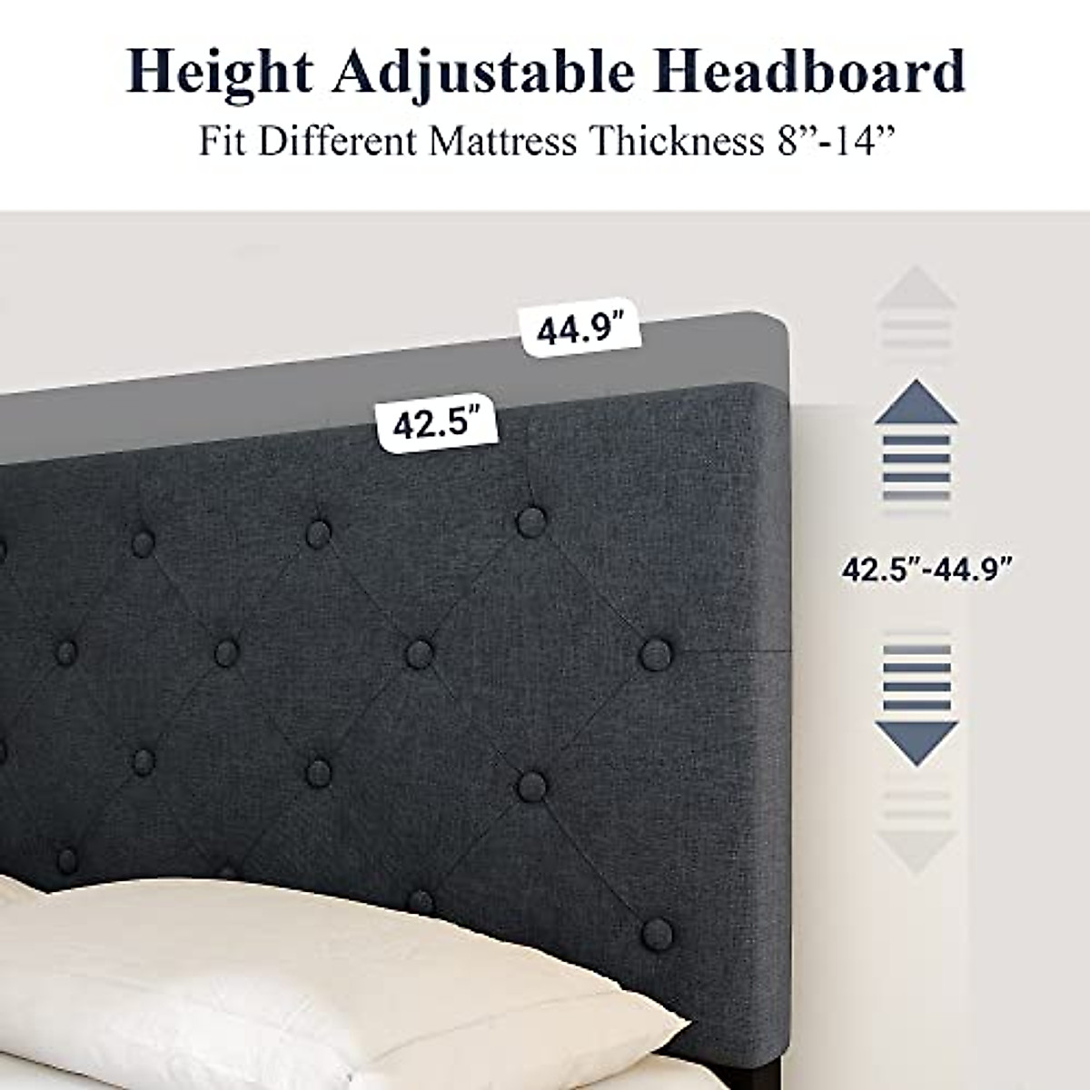 Allewie Queen Platform Bed Frame with 4 Storage Drawers & Adjustable Height Headboard, Fabric Diamond Button Tufted Design, Wooden Slats, No Box Spring Needed, Dark Grey