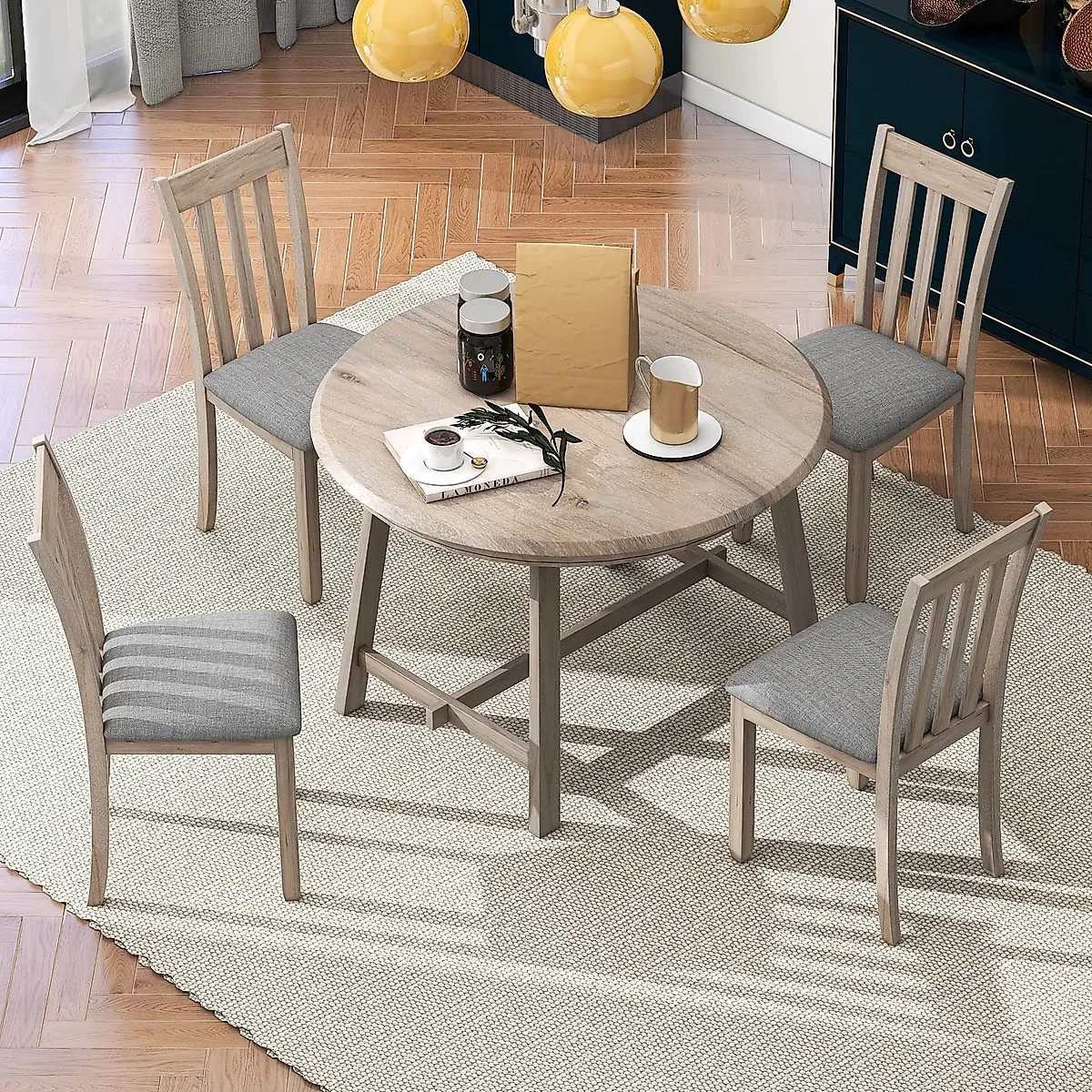 BIADNBZ 5-Piece Dining Table Set with Round Extendable Tabletop and 4 Padded Chairs, Modern Kitchen Furniture for DiningRoom, Space Saving Design, Natural Wood Wash