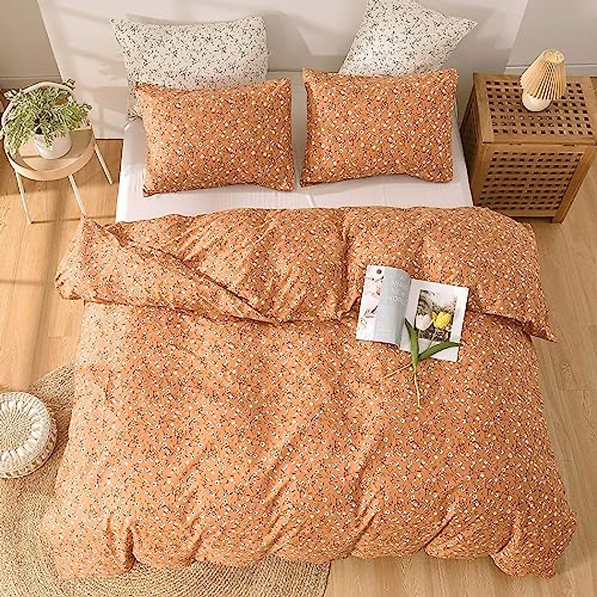 Lekesky Cotton Duvet Cover Queen Size - 100% Washed Cotton Orange Pattern Floral Duvet Cover for All Season, Soft and Breathable Bedding Set with Zipper Closure & Corner Ties