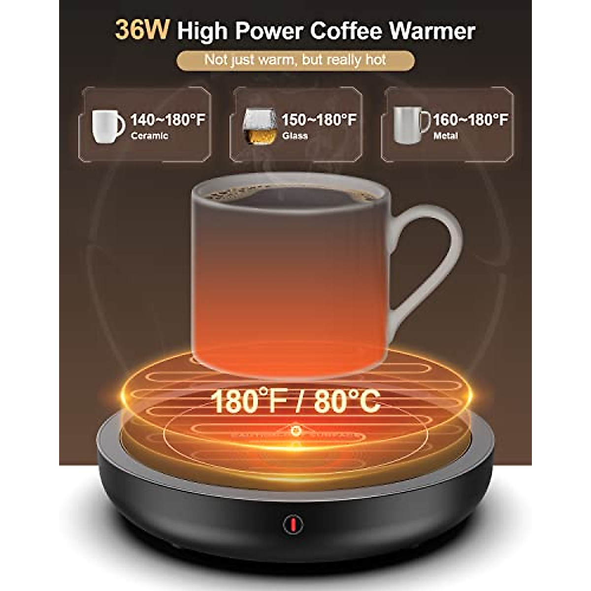 Coffee Mug Warmer, 36W Coffee Cup Warmer with 3 Temperature Settings (105℉-180℉) and 4 Hours Auto Shutt-Off Function for Office Home Desk Use,Electric Beverage Warmer for Keep Coffee Tea Milk Hot
