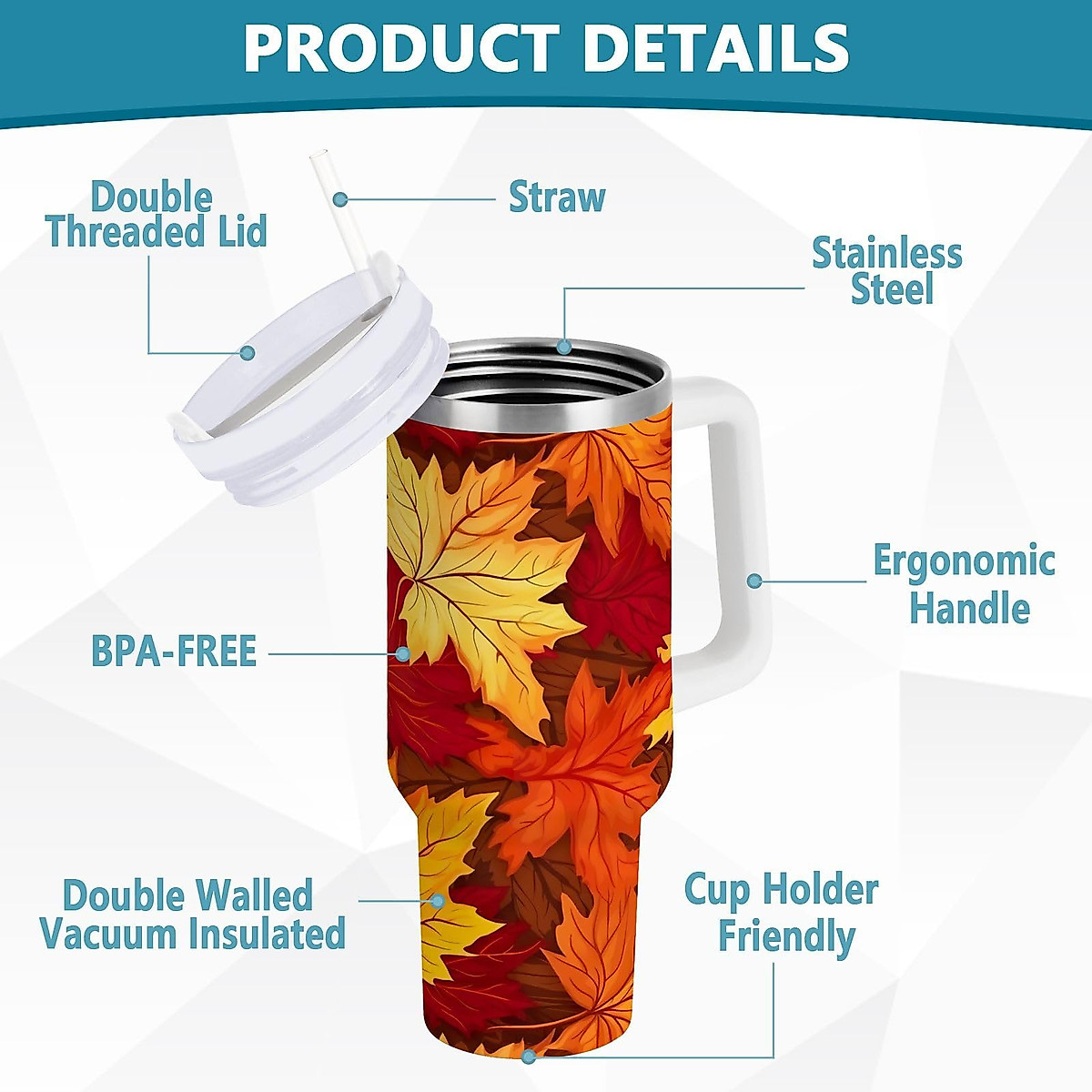 YKZEYK Leaf Watercolor Fall 40 OZ Tumbler with Handle And Straw Insulated Tumblers Coffee Mug Travel Cup Reusable Water Bottle Cup Tumbler