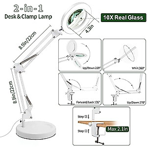 Qsky Magnifying Glass with Light and Stand, 10X Magnifying Lamp, 2-in-1 Desk Lamp with Clamp,3 Color Modes & Stepless Dimmable, LED Lighted Magnifier for Reading, Crafts, Repair, Close Work (White)