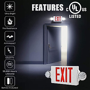 Red LED Exit Sign Emergency Lights with 2 Adjustable Head Lights, Red Letter Emergency Exit Lighting With Battery backup For Restaurant, Commercial, Family Emergency, UL-Listed, 120-277V, 6PCS