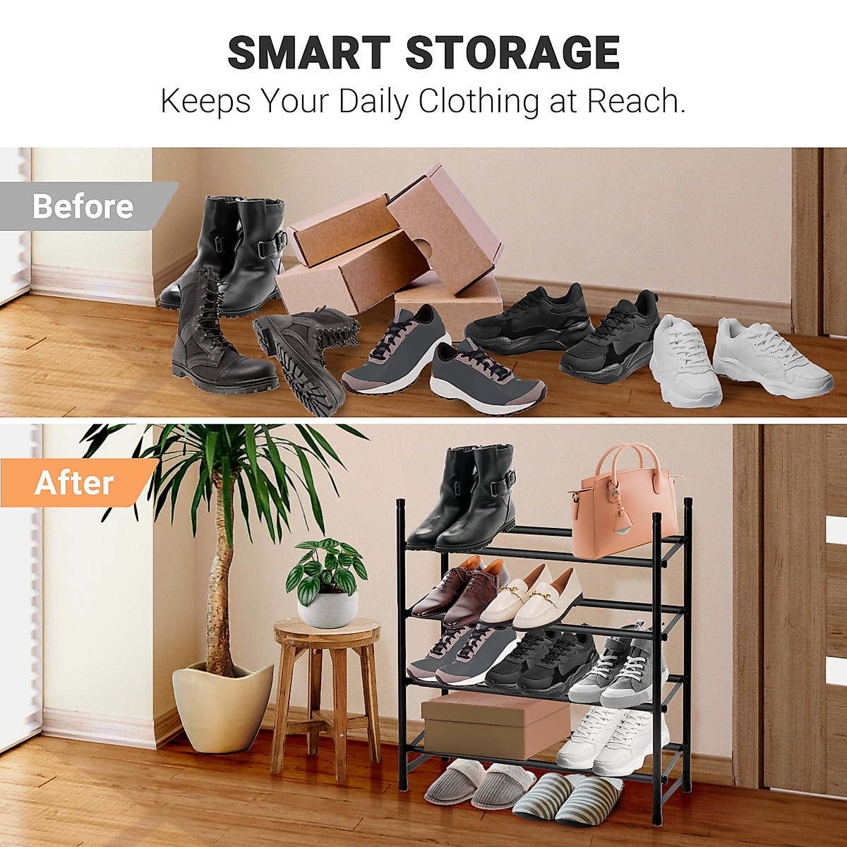 ikloo 4-Tier Shoe Rack for Closet and Entryway | Expandable and Stackable Shoes Organizer for Small Spaces | Adjustable Metal Shoe Shelf for Shoe Storage | Fit Up to 30 Pairs of Shoes | Black