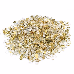 Golden Crystal Fire Glass, 10 Pounds of ½ in. Premium Tempered Fire Pit Glass, Reflective Fireglass for Fire Pit, Fire Table, Fireplace Natural Gas and Propane, Fire Glass Pellets Rocks High Luster