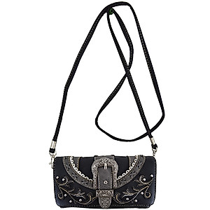 Western Style Tooled Buckle Floral Women Country Backpack School Bag Rucksack Daypack Biker Purse Matching Wallet Set (Black Set)