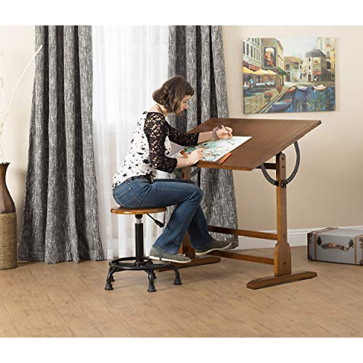 Studio Designs Vintage Drafting Table + Swing Arm Lamp Bundle | Solid Wood Table with Built-in Pencil Groove + Flexible Steel Spring Lamp with Clamp