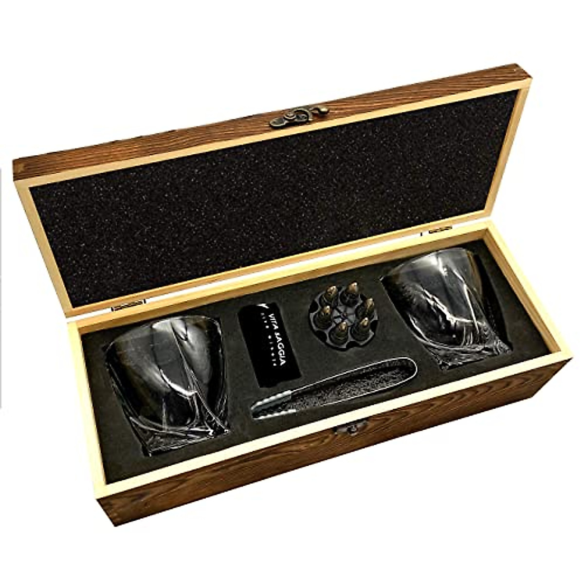 Luxury Whiskey Glass Set of 2, Gift Set in Wooden Box, Includes 6 Whiskey Ice Stones, Velvet Bag and Stainless Steel Tongs. Great Gift for Men, Dad, Christmas.