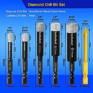 6 PCS Dry Diamond Drill Bits Set，Diamond Hole Saw Set for Granite, Glass, Ceramic, Tile, Marble, Porcelain - 1/4", 5/16", 3/8",1/2",9/16" Tile Drill Bits & 1/4 Carbide Drill Bit