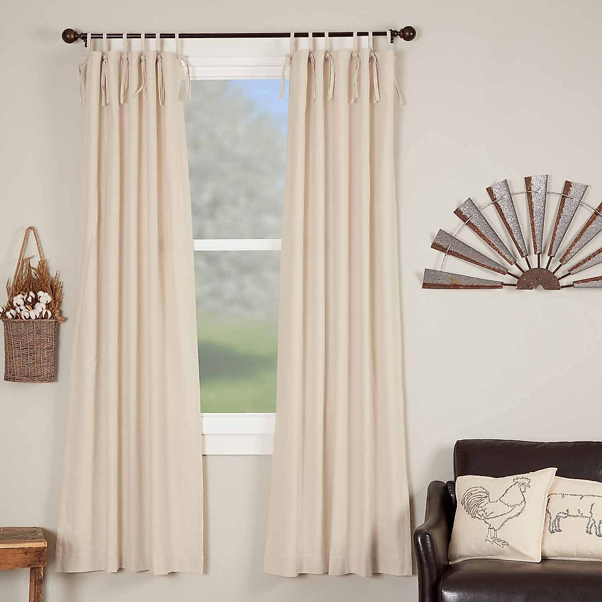 Piper Classics Market Place Natural Tie Top Panel Curtains, Set of 2, 84" Long, Beige Cream Tab Top Drapes, Farmhouse, Boho, Country, Vintage